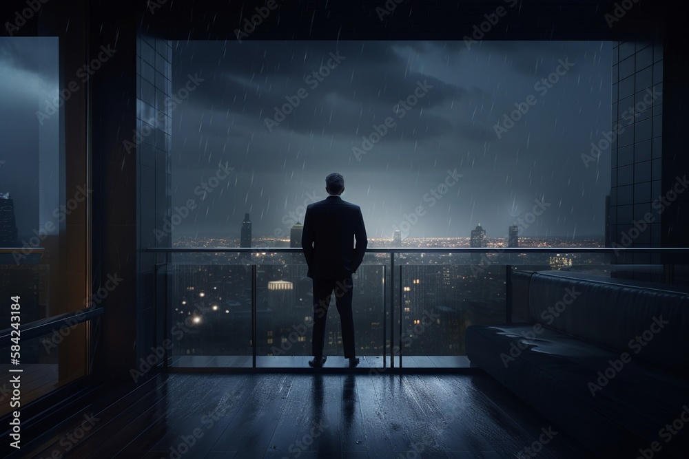 A businessman stands on a balcony in a moonlit night looking towards ...