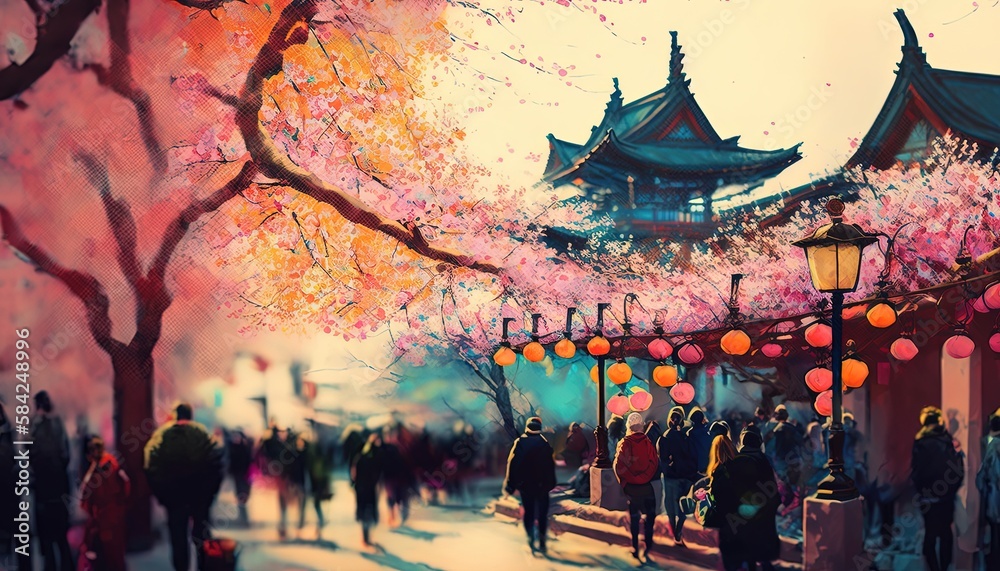 a lot of people walk in spring festival in Japan with cherry blossom ...