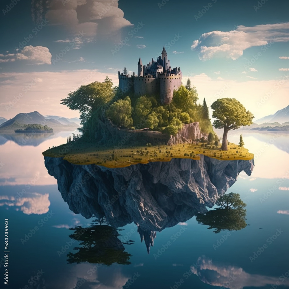 castle on lake, floating castle, castle artwork, artwork, trees, nature ...