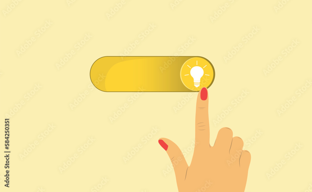 vector with yellow button with rounded corners. female hand presses a ...