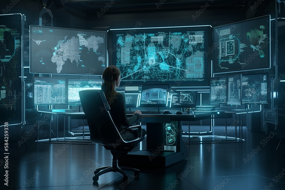 A cyber security analyst monitors a computer network from a control room with multiple screens ...
