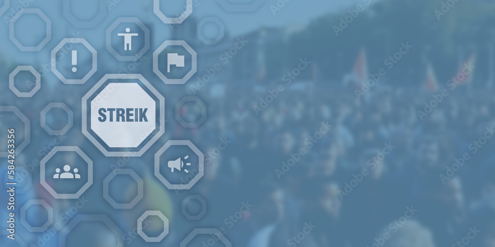 Grafik als Symbolbild für einen Streik mit Icons und einem Foto einer ...