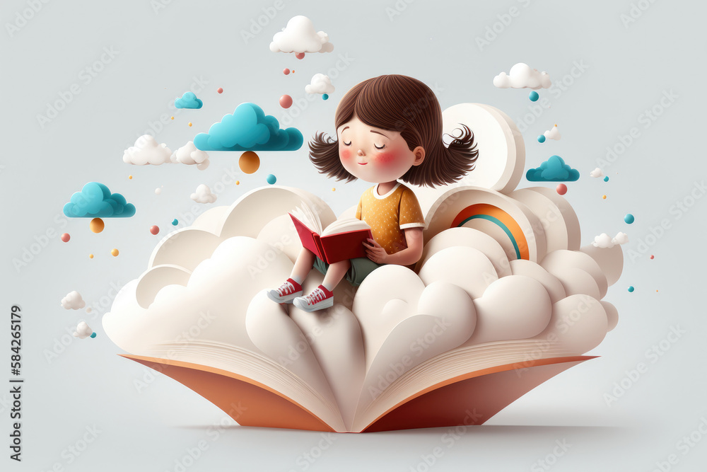 A peaceful image of a kid reading on a giant white cloud like a book on ...
