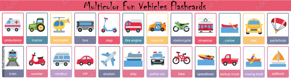 Multicolor Fun Vehicles Flashcards, Kids learning Content, Kids ...