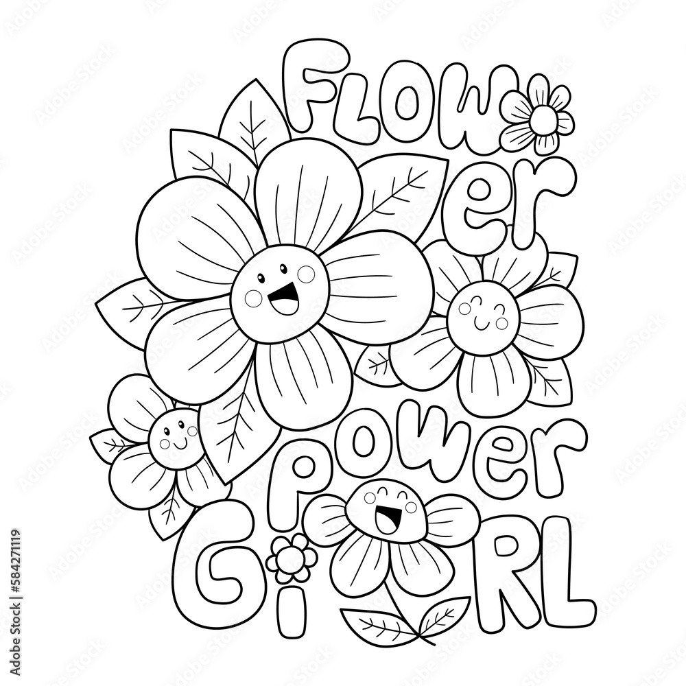 Illustration in black and white of some smiling flowers in pop style ...