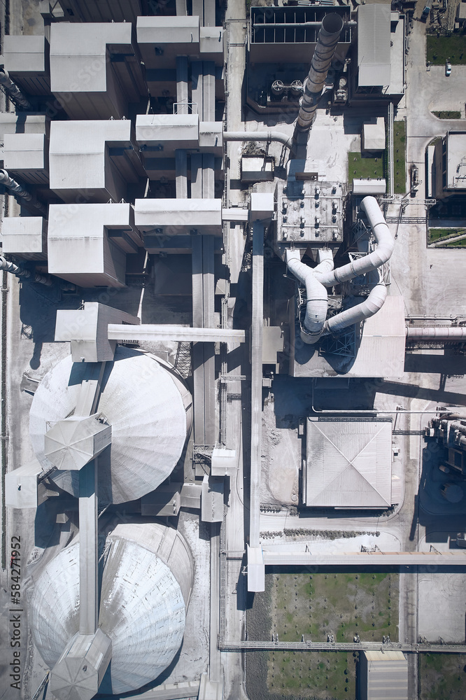 Structures of cement producing plant. Top down aerial view of huge ...