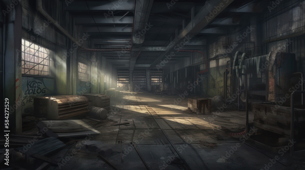 creepy interior of an abandoned warehouse background, concept art ...