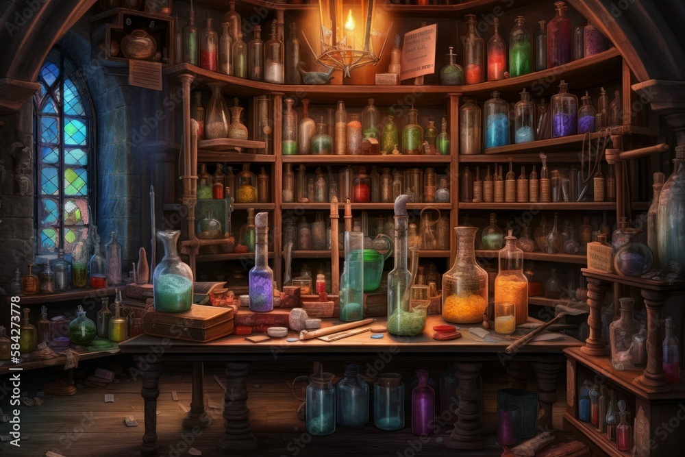 Inside Alchemist's Study or Apothecary Shop with Various Vials and ...