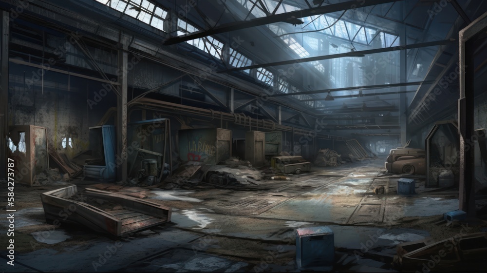 creepy interior of an abandoned warehouse background, concept art ...