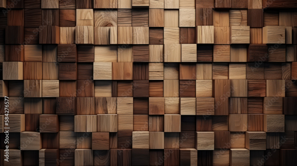 Natural Wood Tile Wallpaper with 3D Blocks: Timber Wall Background in ...