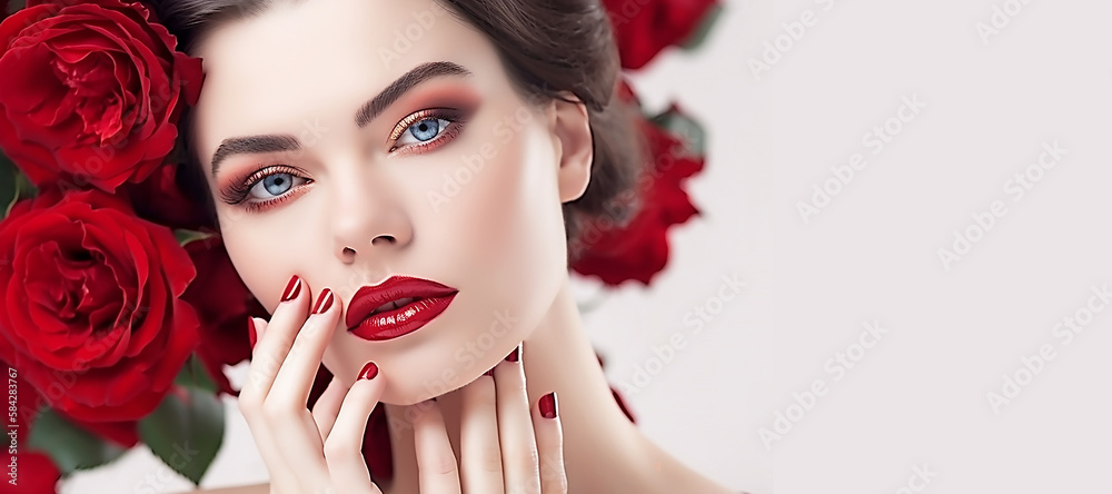 Fashion Woman with flowers. Model girl face with roses. Red Lips and Makeup. generative AI tools ...