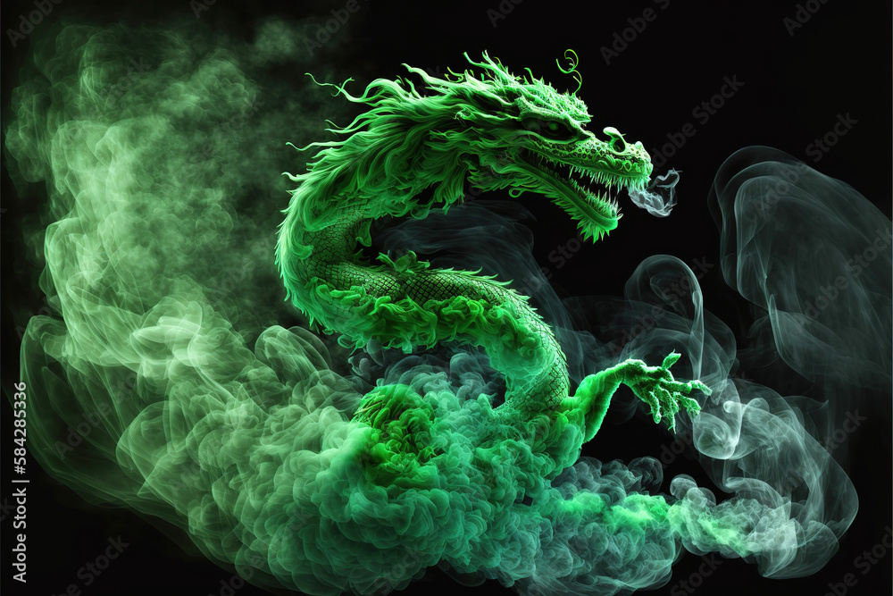 Green angry dragon made of flame and smoke on black background ...