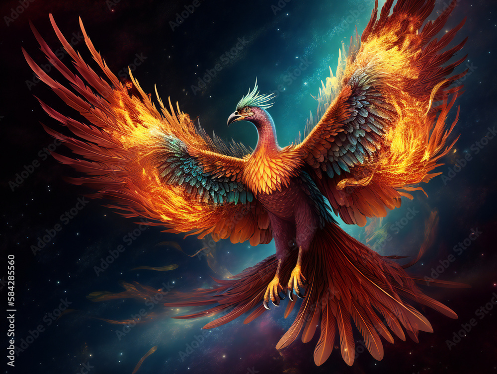 phoenix bird, detailed hand-drawn illustration, colorful and powerful ...