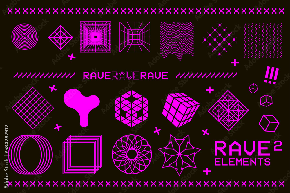 Rave psychedelic retro futuristic set. Surreal geometric shapes ...