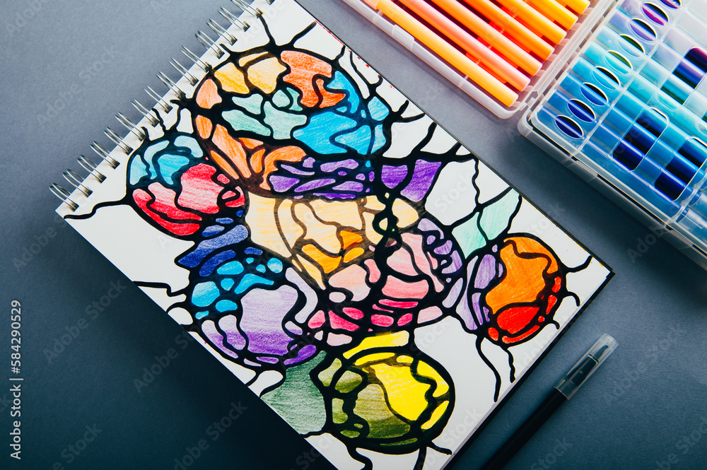 Colorful neurographic drawing on paper with color pencils and markers ...