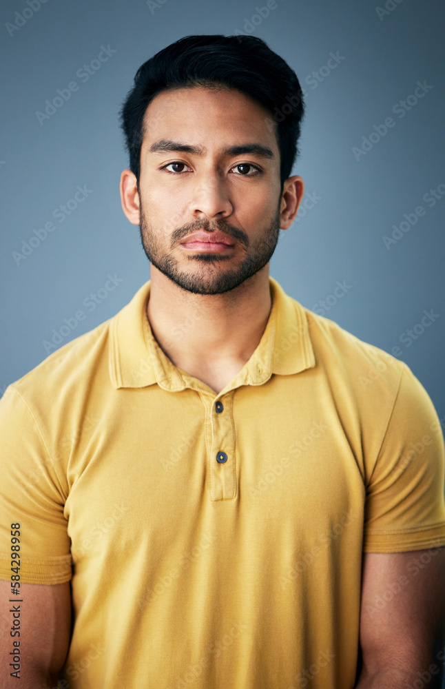 Confidence, serious and portrait of a man in studio with depression ...