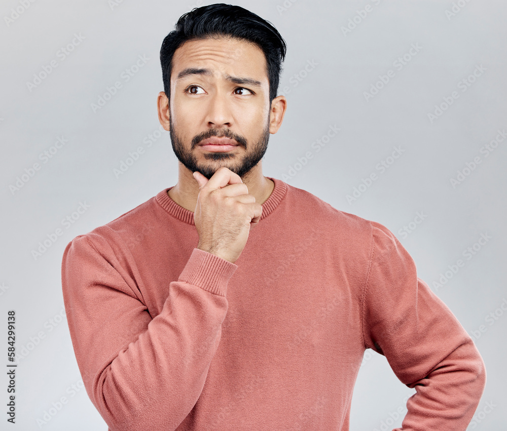 Confused, thinking and Asian man with ideas, decision and thoughtful ...