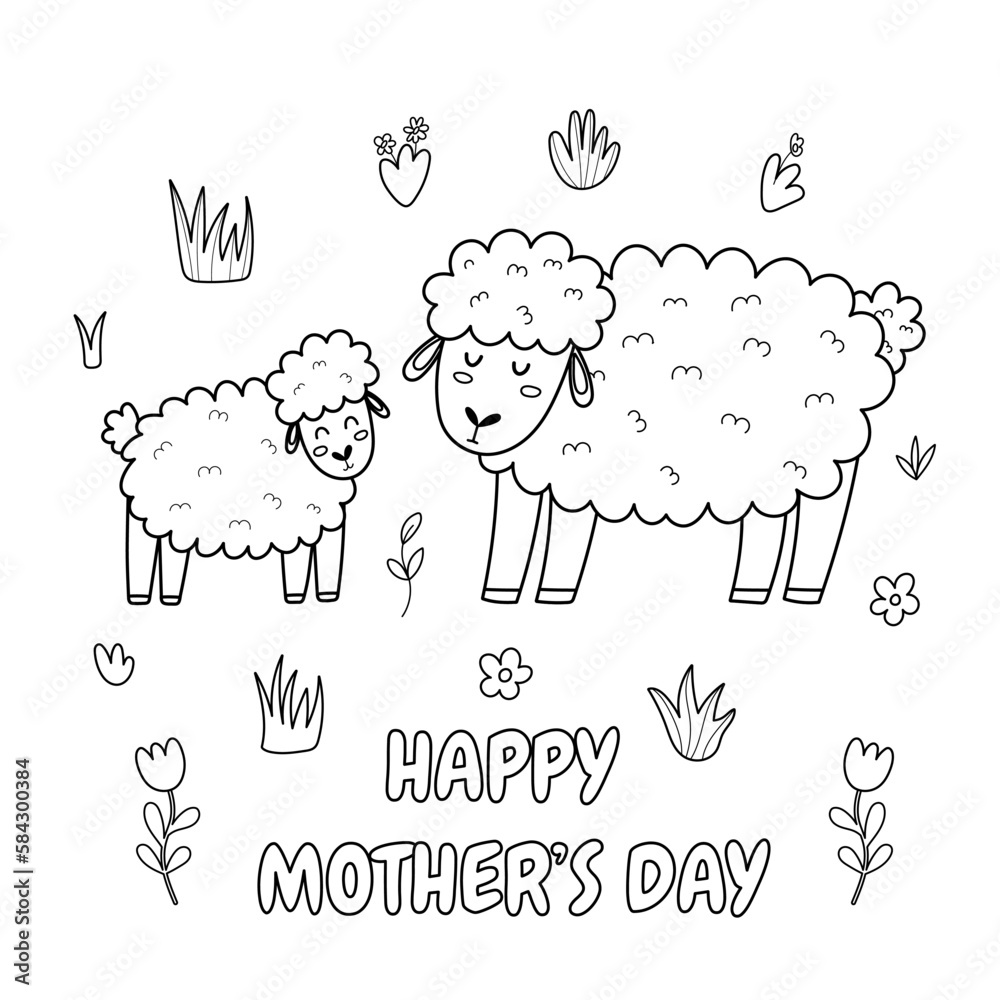 Happy Mother’s Day black and white print with a cute mother sheep and ...