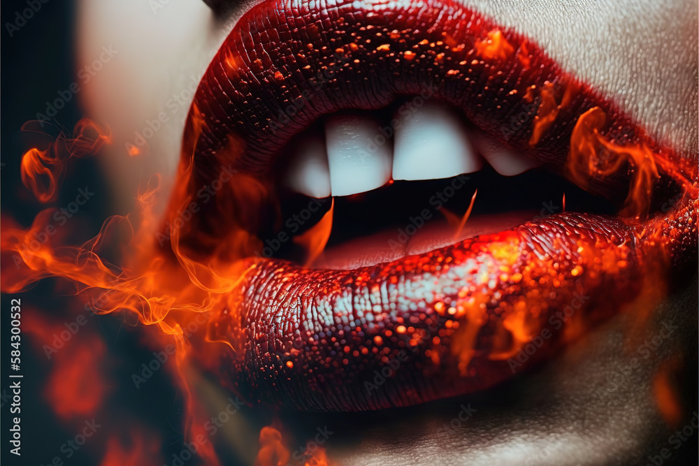 Woman Lips In Flame Fire Passion Love And Sex On Dark Background Generative Ai Stock