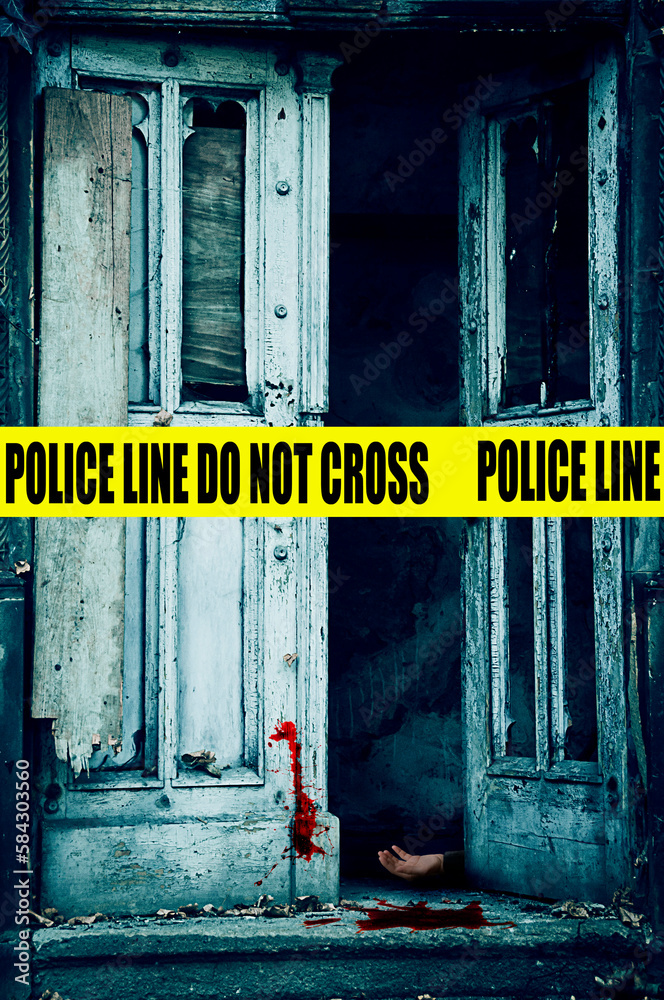 Crime scene with blood and a corpse behind an open door Stock Photo ...