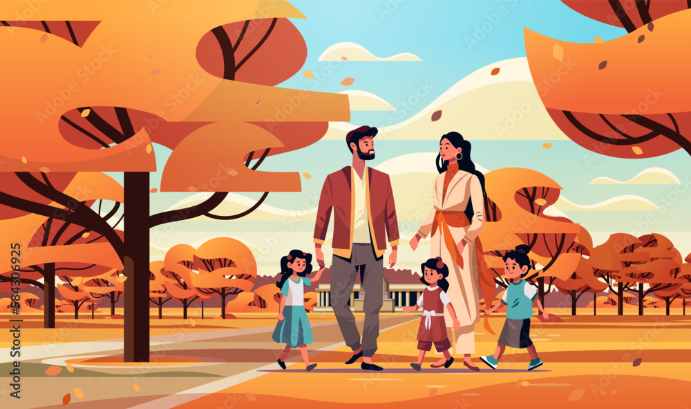 parents and little children walking together in park mother father and ...