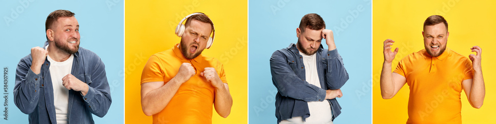 Collage made of closeup portraits of young man expressing different ...