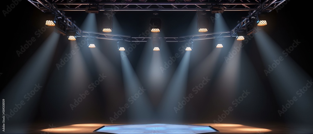 Stage for performances with lighting. The stage is set up with ...