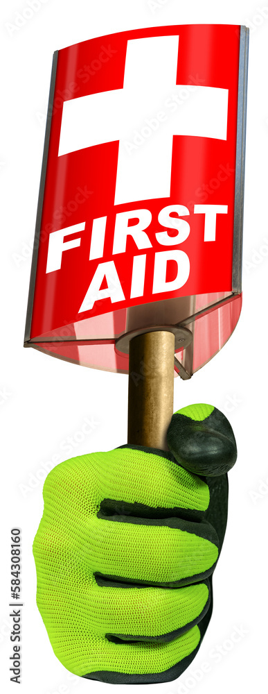 Hand with protective work glove, holding a red and white first aid sign ...