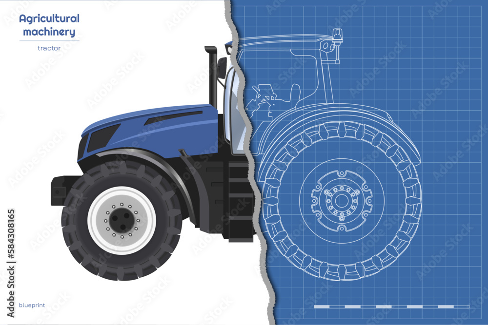 Blue tractor drawing. Isolated agricultural machine. Top, side and ...