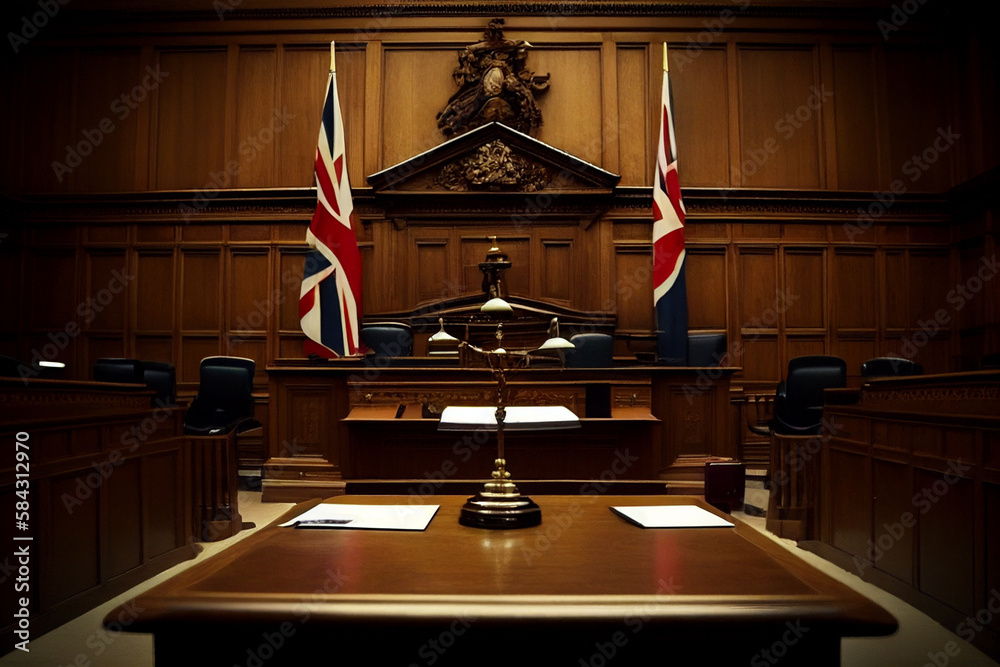 Courtroom with British flag, Supreme Court of United Kingdom. Scales of Themis, Judiciary, Judge ...