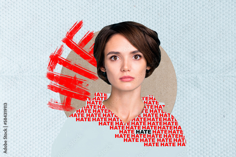 Collage photo composite artwork of young confident serious woman avatar ...