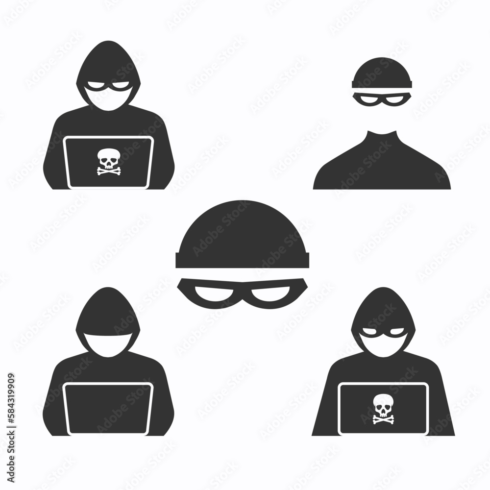 Set of hackers in black hood icon. Cyber criminal at laptop. Process of ...