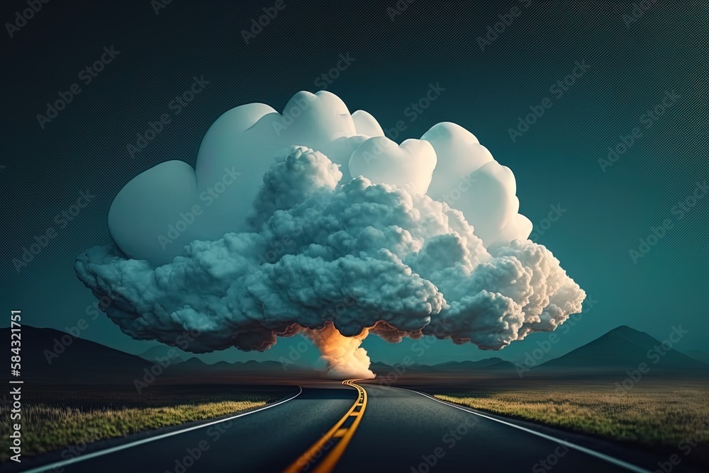 A digital artwork of a large white smoke cloud rising over a foreboding ...