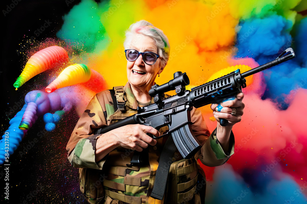 AI illustration of a grandma shooting a gun and having fun ilustração ...