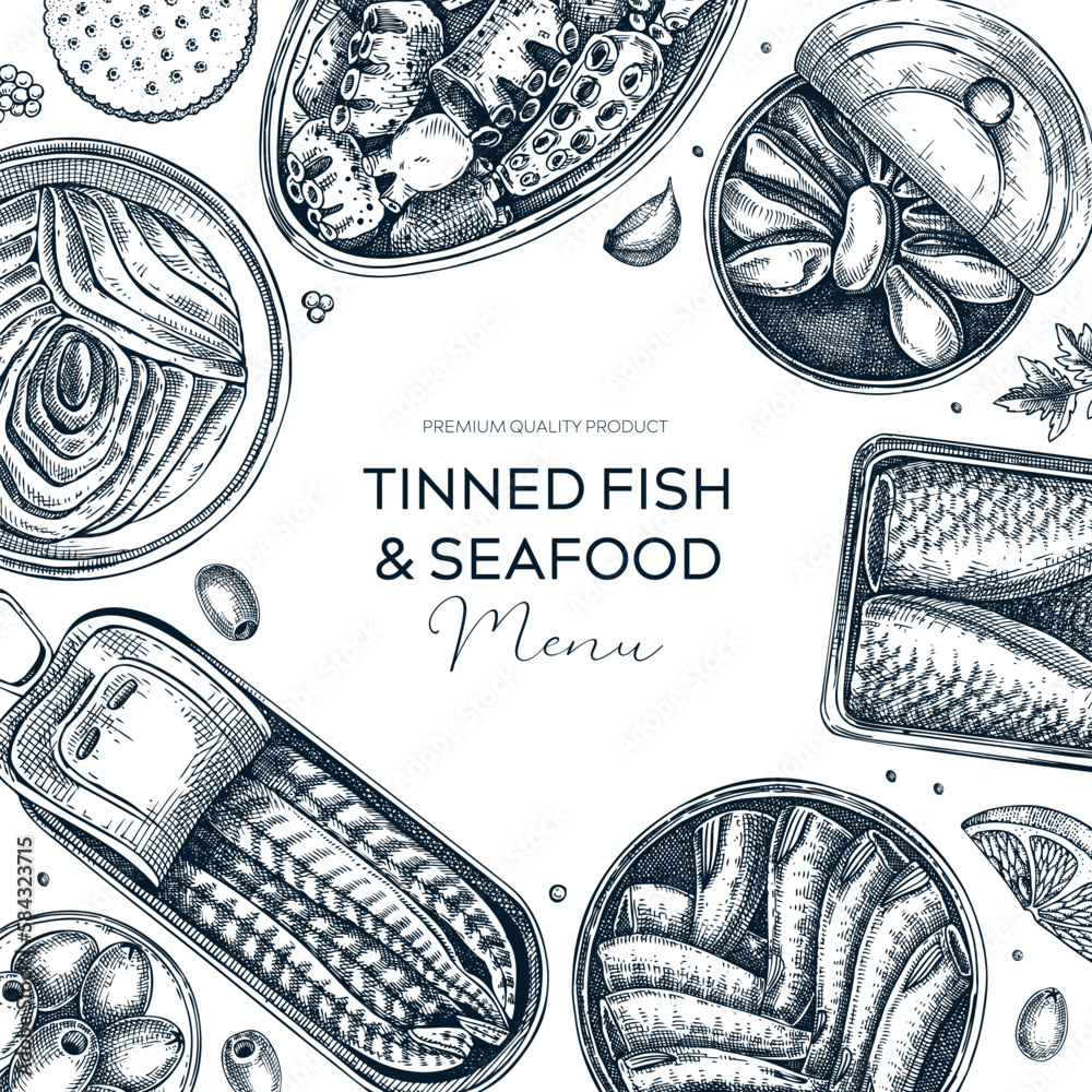 Tinned fish table design. Hand-drawn seafood restaurant frame in sketch ...