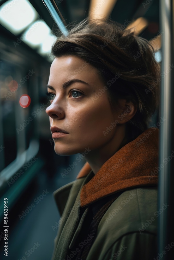 alluring closeup person subway live action woman green jacket standing ...