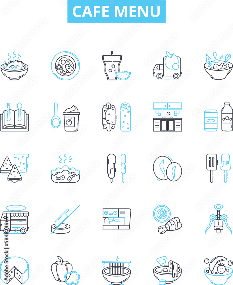 Cafe menu vector line icons set. Coffees, Desserts, Sandwiches, Drinks ...