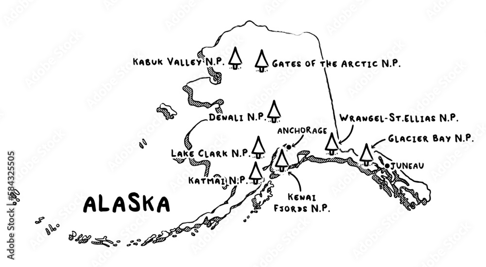 Vector hand drawn map of Alaska AK with main cities and US National ...