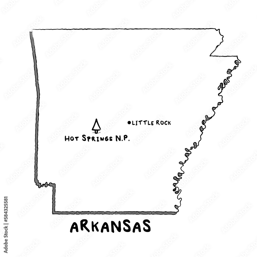 Vector hand drawn map of Arkansas AR with main cities and US National ...