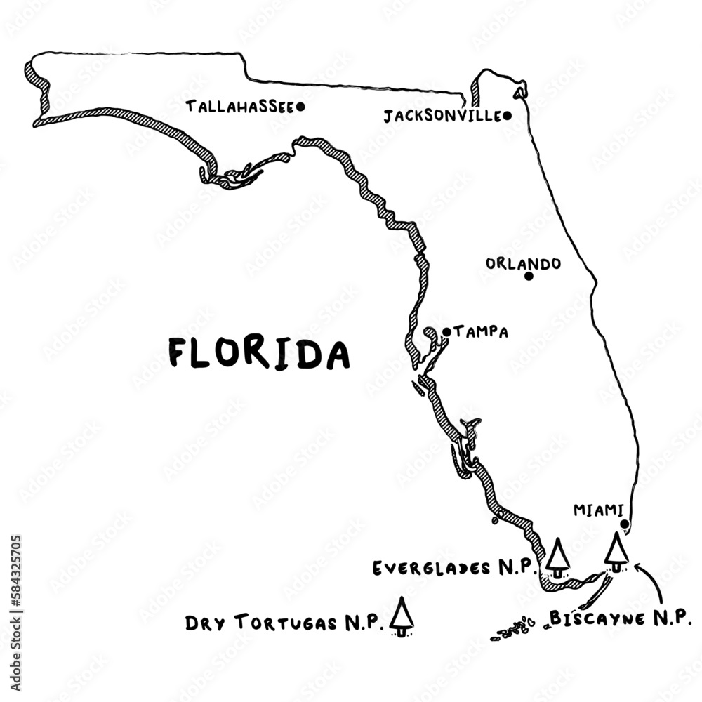 Vector hand drawn map of Florida FL with main cities and US National ...
