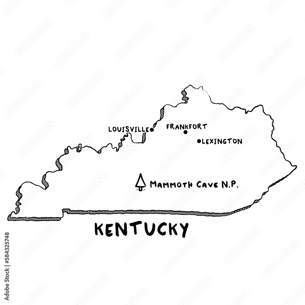 Vector hand drawn map of Kentucky KY with main cities and US National ...