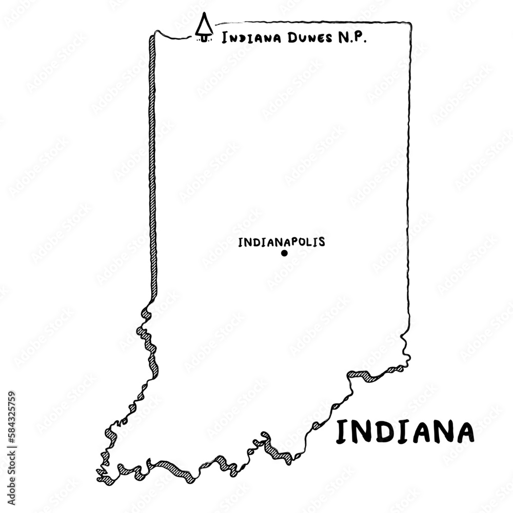 Vector hand drawn map of Indiana IN with main cities and US National ...