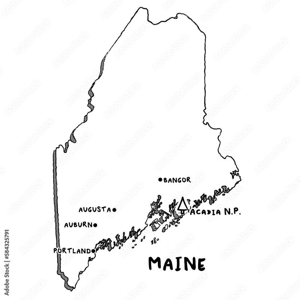 Vector hand drawn map of Maine ME with main cities and US National ...