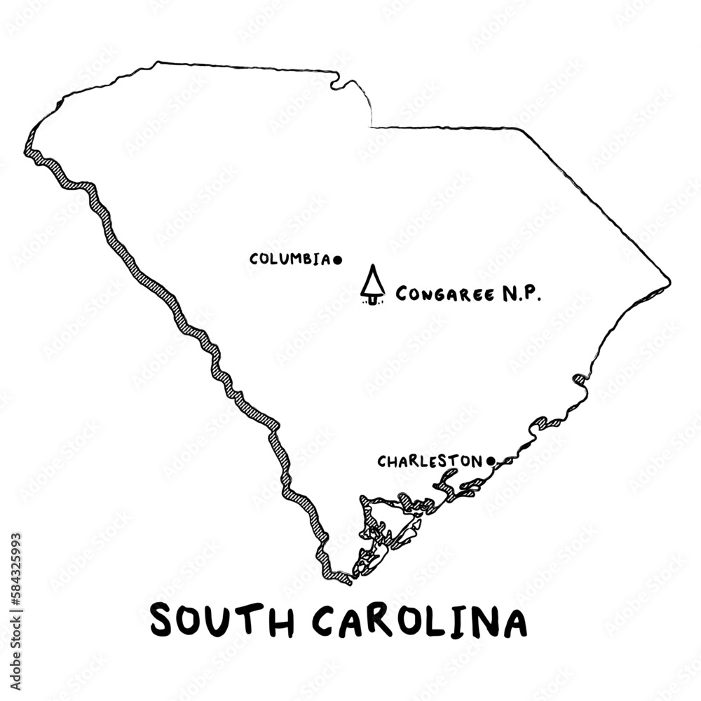 Vector hand drawn map of South Carolina SC with main cities and US ...