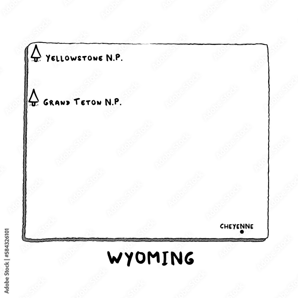 Vector hand drawn map of Wyoming WY with main cities and US National ...