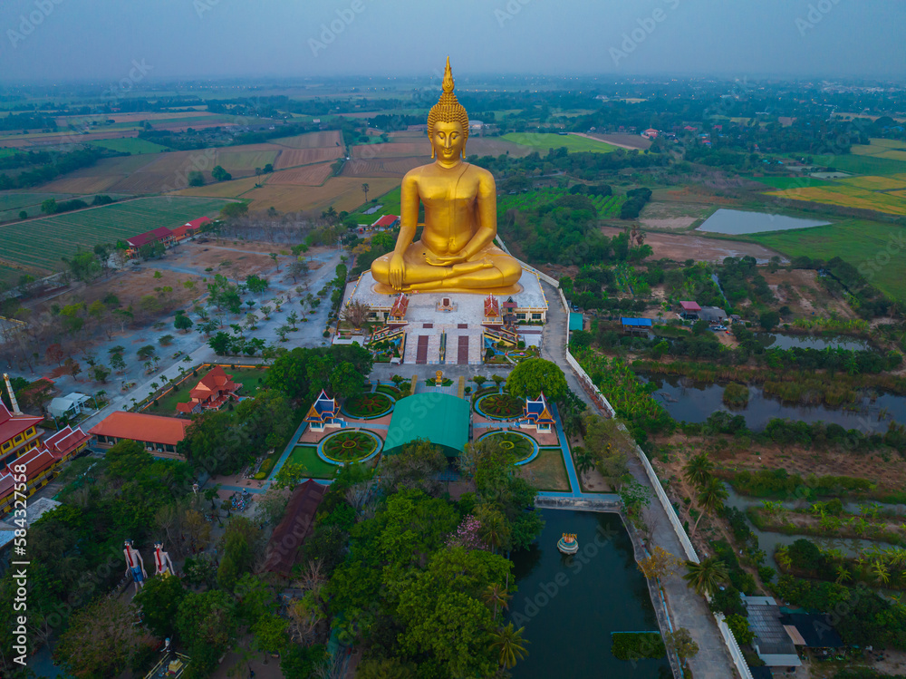 Wat Muang / Top view birds eye the largest Buddha color gold statue in ...