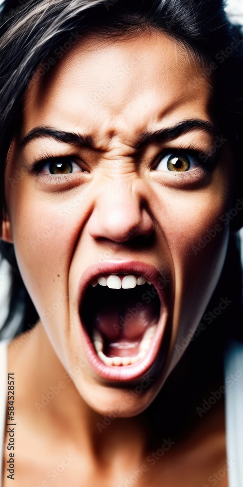 crazed woman white shirt and screaming conceptual extreme closeup heavy ...