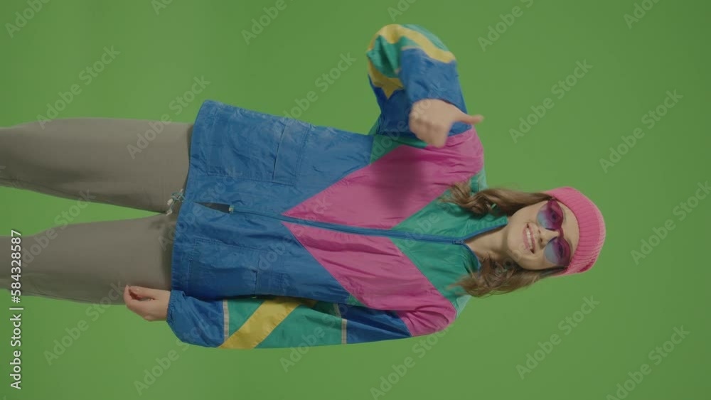 Vertical Video, Green Screen. Girl of 80-90's Style With Sunglasses and ...