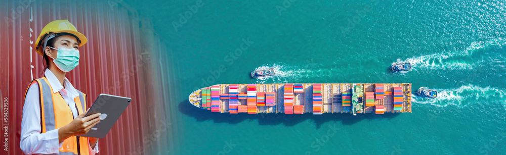 Container ship and asian female engineer in container yard ...
