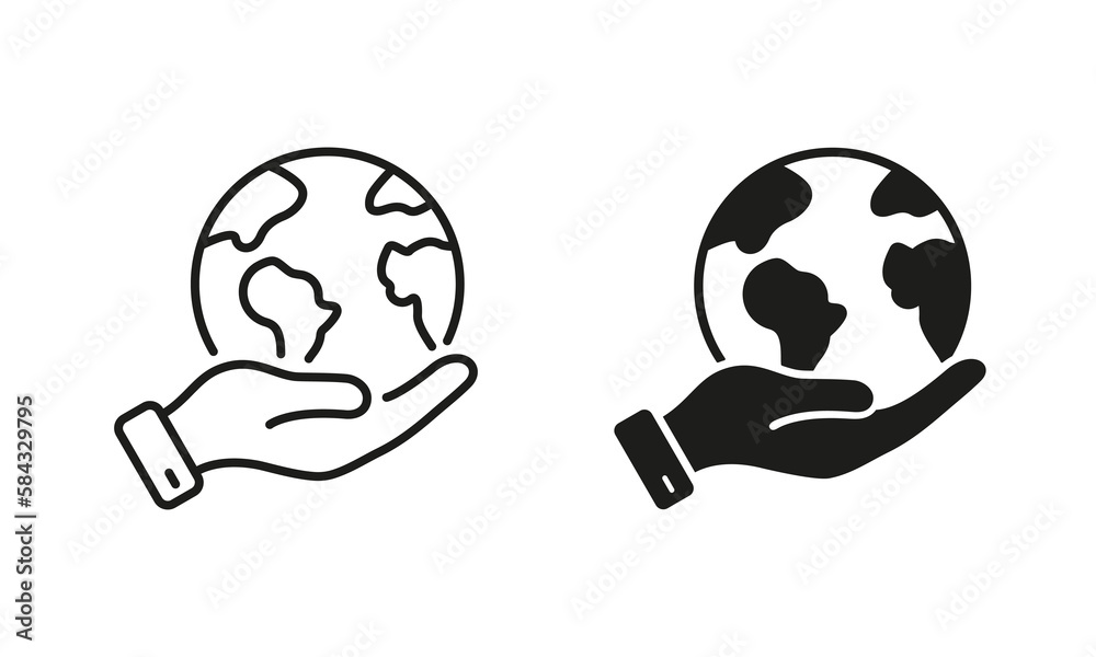 Hand Hold Planet Earth Line and Silhouette Icon Set. Human Protect ...